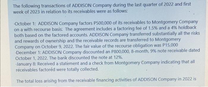 Solved The following transactions of ADDISON Company during | Chegg.com
