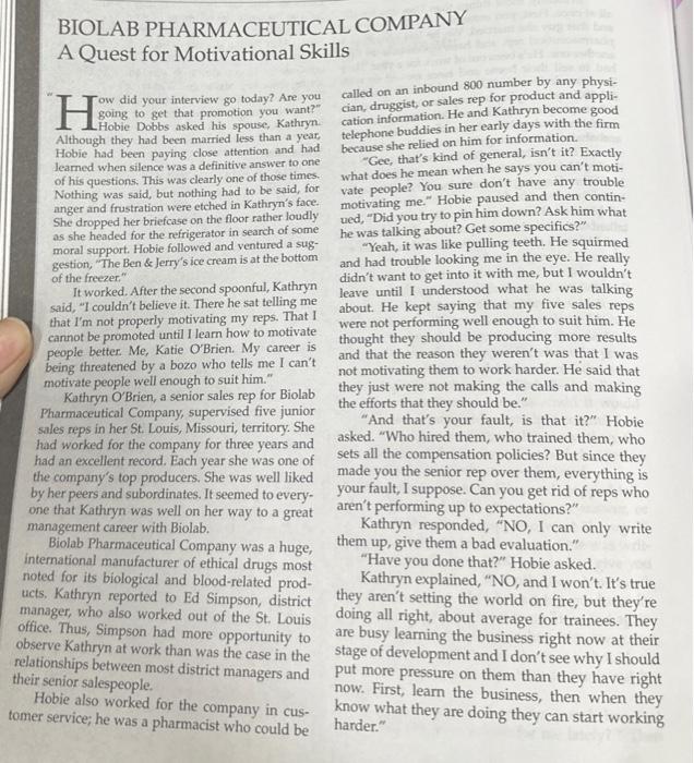 Solved BIOLAB PHARMACEUTICAL COMPANY A Quest for | Chegg.com