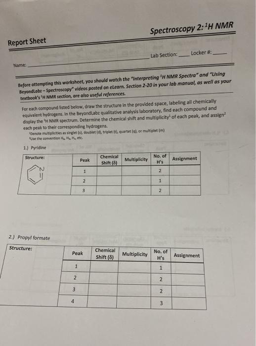 Solved Spectroscopy 2:1H NMR Report Sheet Locker : Lab | Chegg.com