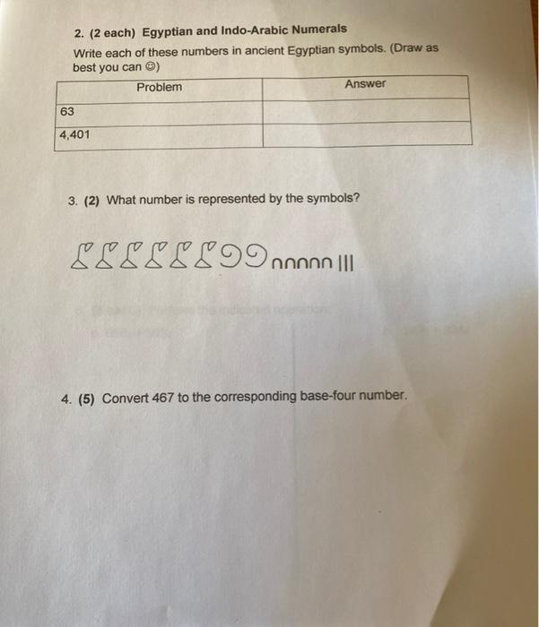 Solved 2. (2 each) Egyptian and Indo-Arabic Numerals Write | Chegg.com