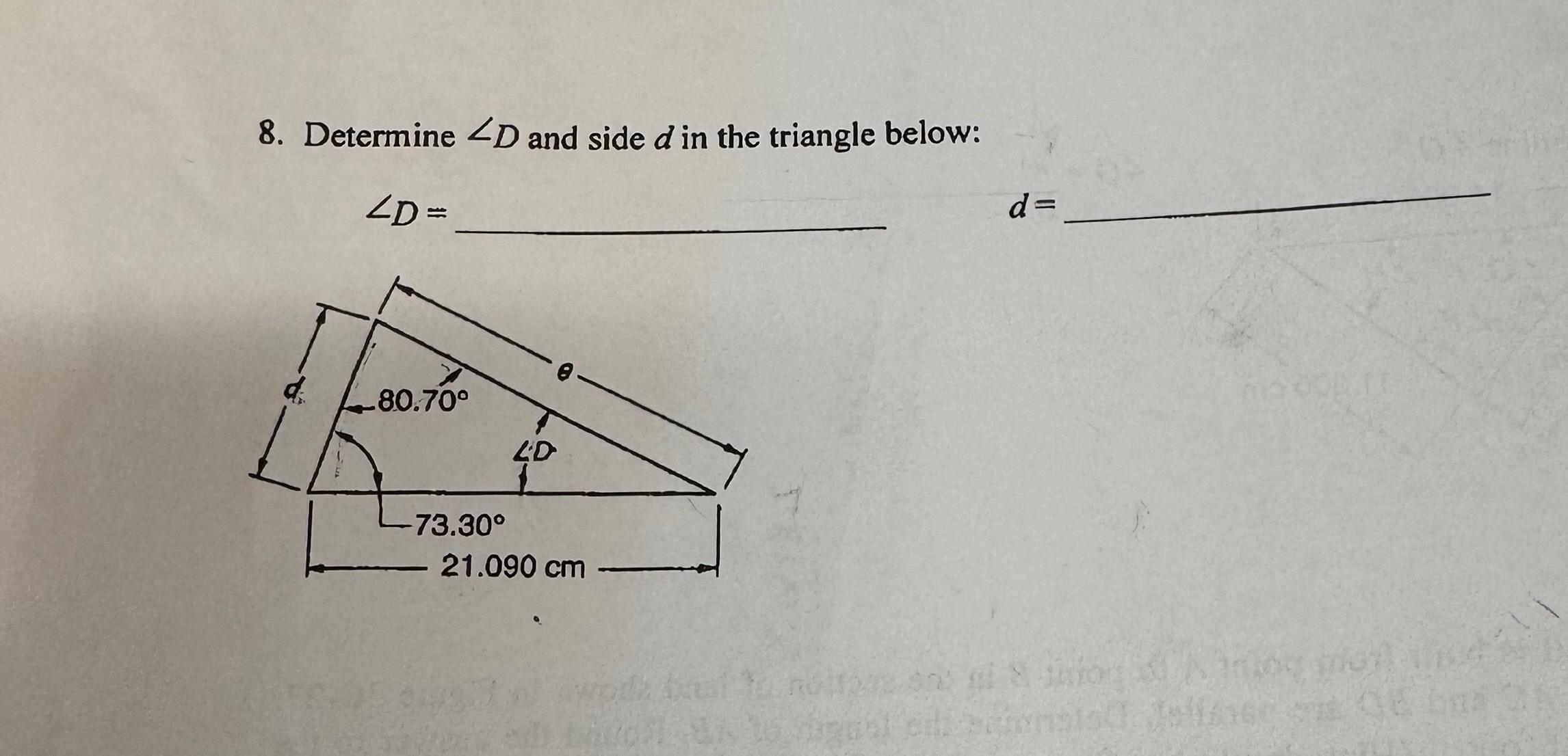 Solved Determine ??D ﻿and side d ﻿in the triangle | Chegg.com