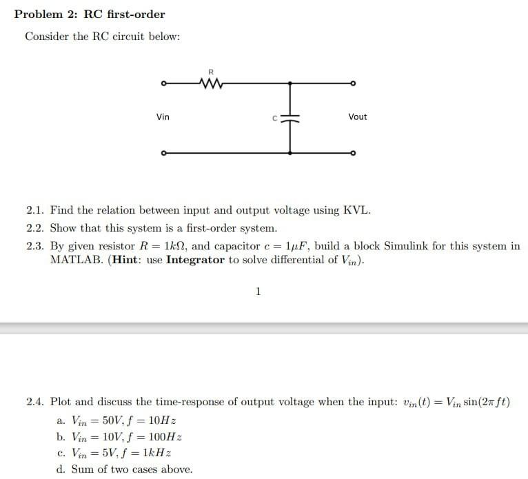 Solved Problem 2: RC first-order Consider the RC circuit | Chegg.com