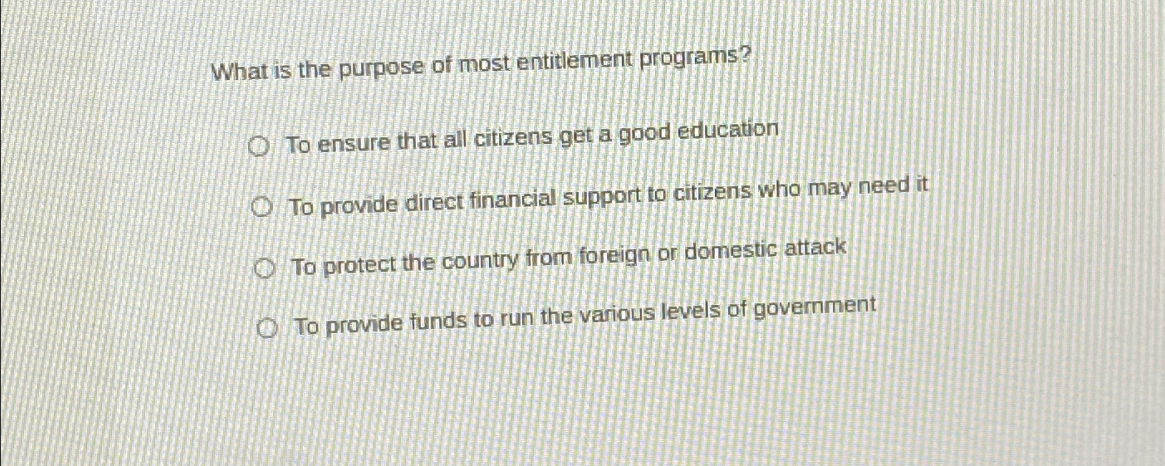 Solved What is the purpose of most entitlement programs?To | Chegg.com