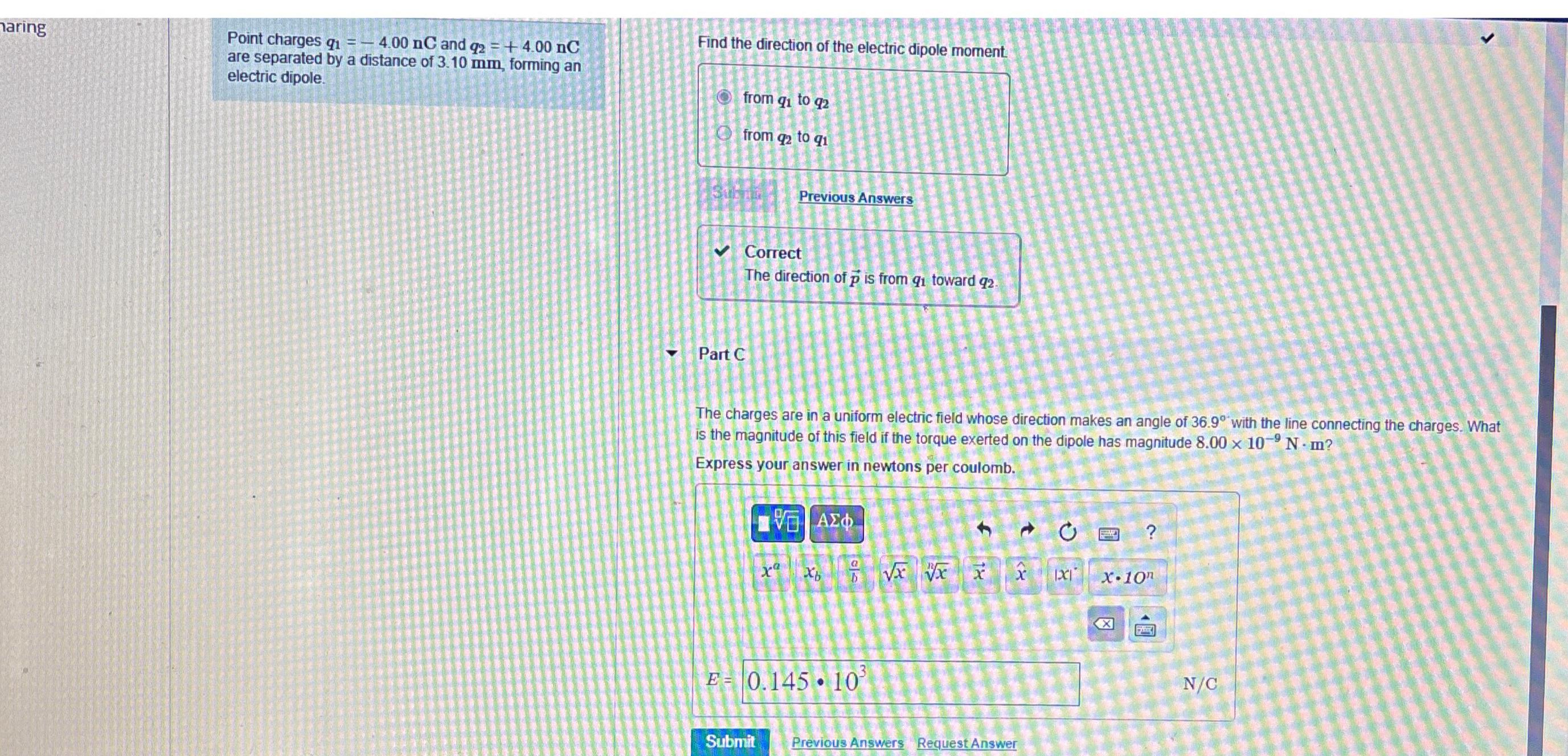 Solved ]=-4.00nC ﻿and q2=+4.00nC[ ﻿are separated by ]):}[ | Chegg.com