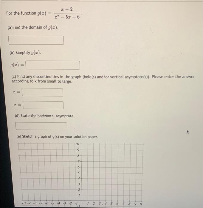 Solved For the function g(x)=x2−5x+6x−2. (a)Find the domain | Chegg.com