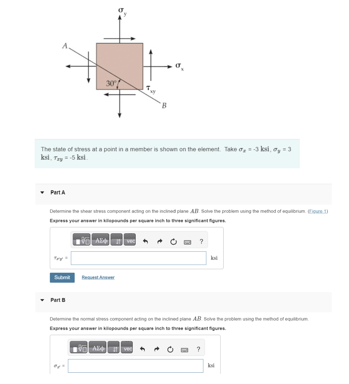 Solved The state of stress at a point in a member is shown | Chegg.com