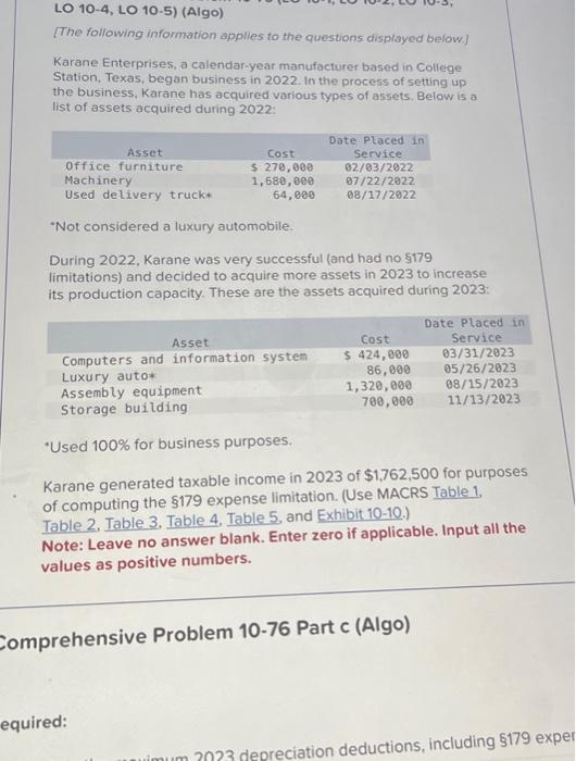 Comprehensive Problem 10-76 Part c (Algo) Required: | Chegg.com
