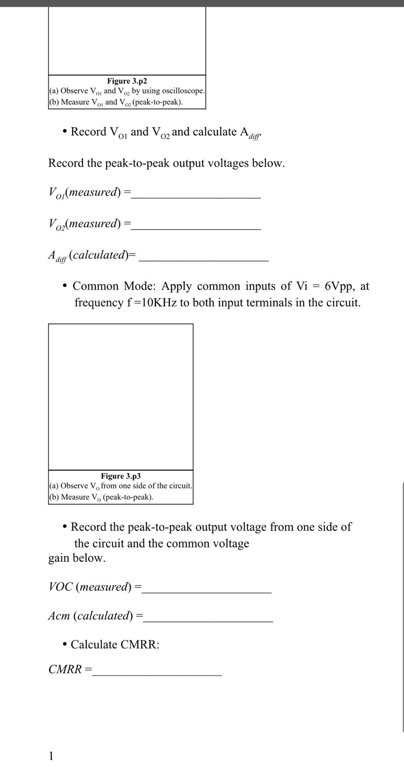 Record VO1 ﻿and VO2 ﻿and calculate Adiff Record the | Chegg.com