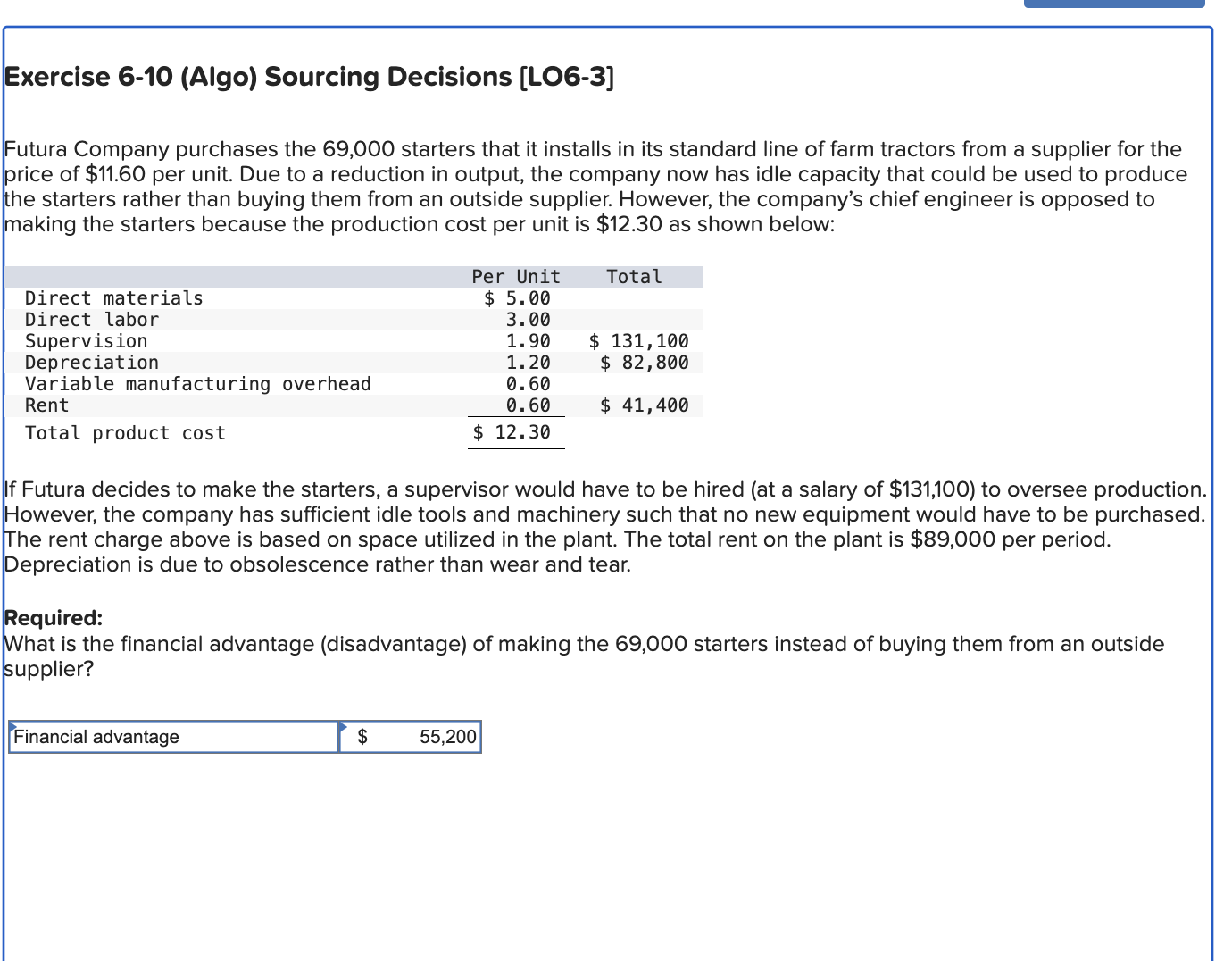 Solved Exercise 6-10 (Algo) ﻿Sourcing Decisions | Chegg.com
