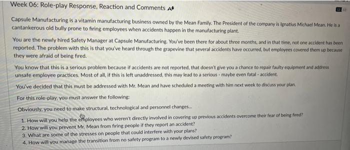 Solved Week U6: Role-play Response, Reaction and Comments A | Chegg.com