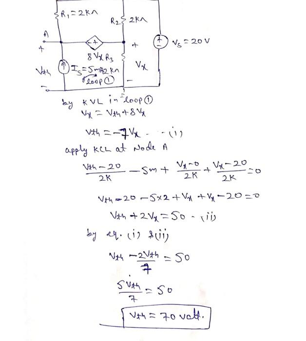 Solved by KVL in loop (1) vx=vth+δvx vth=−7Vx−(i) apply KCL | Chegg.com