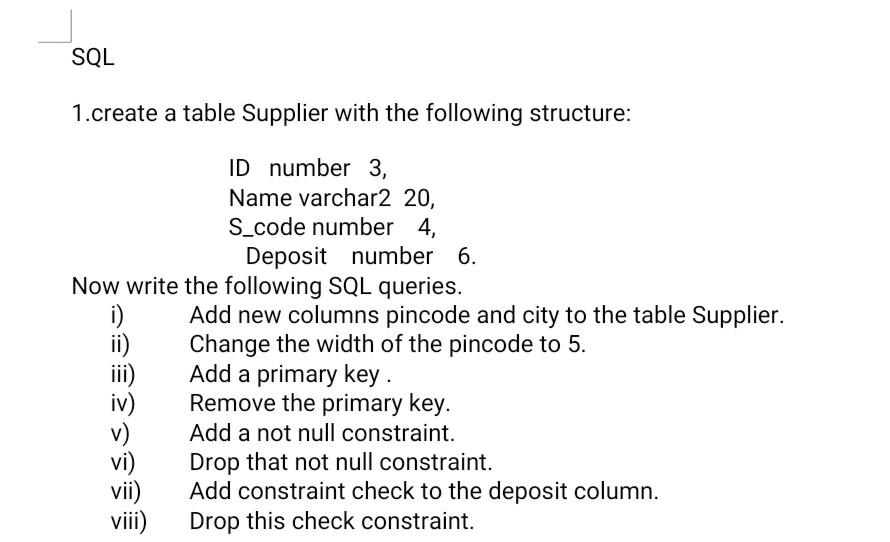 Solved SQL 1.create a table Supplier with the following | Chegg.com