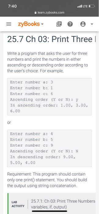 7:40 ..1 LTE O LED learn.zybooks.com = zyBooks @ @ | Chegg.com