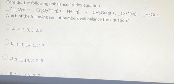 Solved Consider the following unbalanced redox equation | Chegg.com