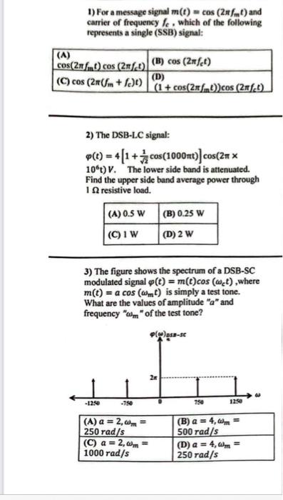 Solved 1) For a message signal m(t)=cos(2nfmt) and carrier | Chegg.com