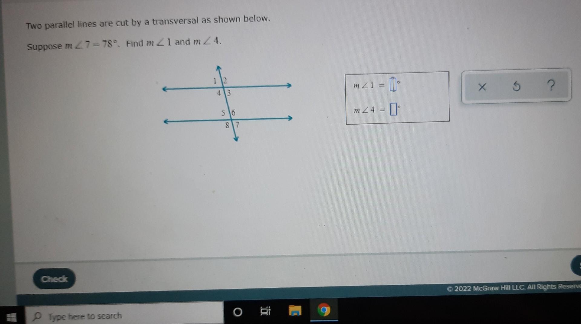 Solved Two parallel lines are cut by a transversal as shown | Chegg.com