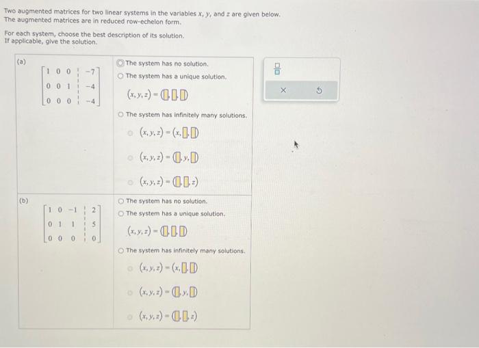 Solved Two augmented matrices for two linear systems in the | Chegg.com