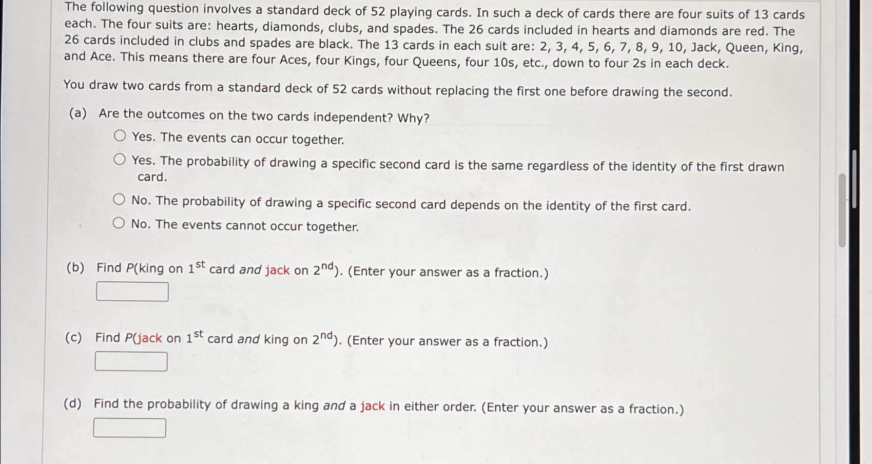 Solved The following question involves a standard deck of 52 | Chegg.com