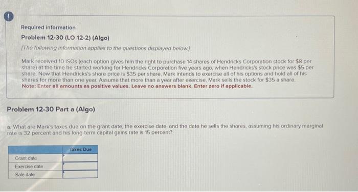 Solved Required information Problem 12-30 (LO 12-2) (Algo) | Chegg.com