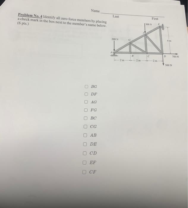 Solved Problem No. 4 Identify all zero force members by | Chegg.com