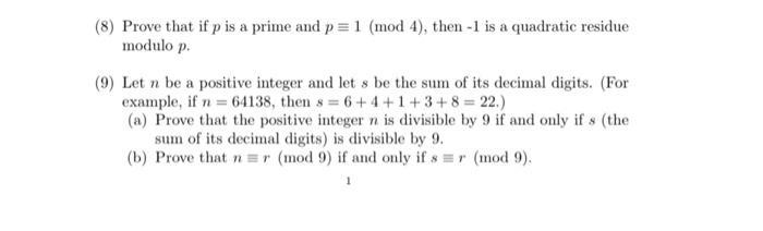 Solved (8) Prove that if p is a prime and p = 1 (mod 4), | Chegg.com