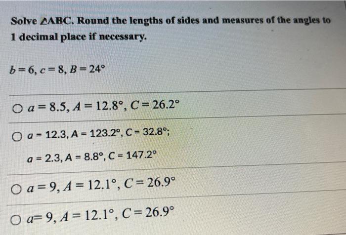 Solved Solve ABC. Round the lengths of sides and measures of | Chegg.com