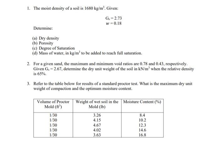 Solved 1. The moist density of a soil is 1680 kg/m3. Given: | Chegg.com