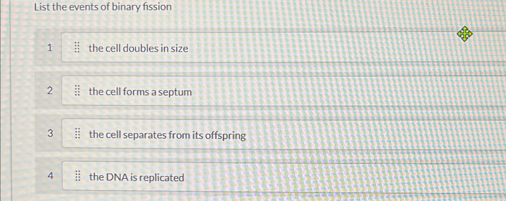 Solved List the events of binary fission12 ﻿:: the cell | Chegg.com