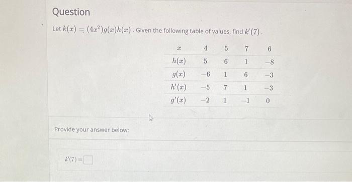 Solved Let k(x)=(4x2)g(x)h(x). Given the following table of | Chegg.com