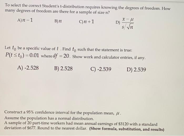 Solved To select the correct Student's t-distribution | Chegg.com