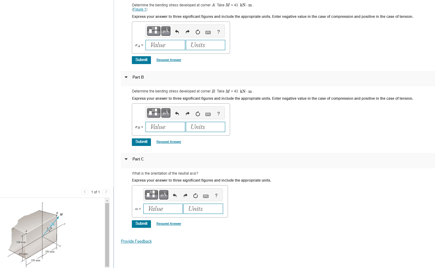 Solved Determine the bending stress developed at corner A. | Chegg.com