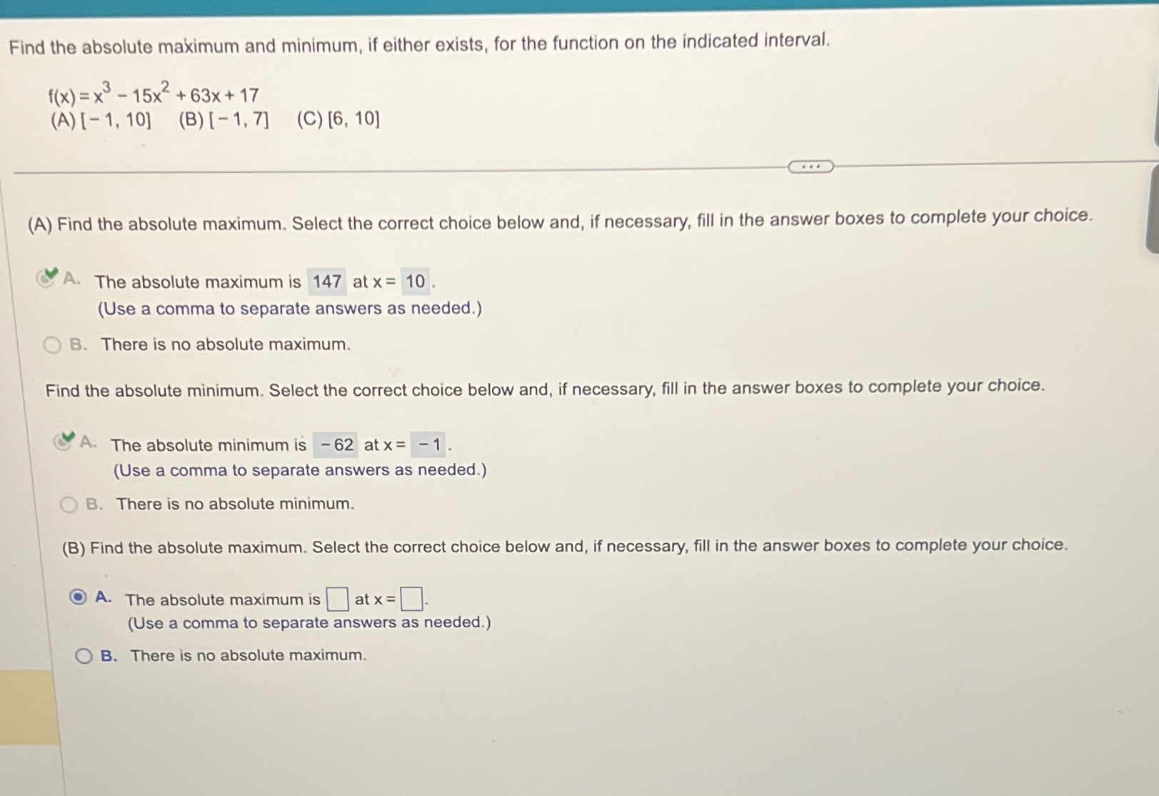 Solved Find the absolute maximum and minimum, if either | Chegg.com