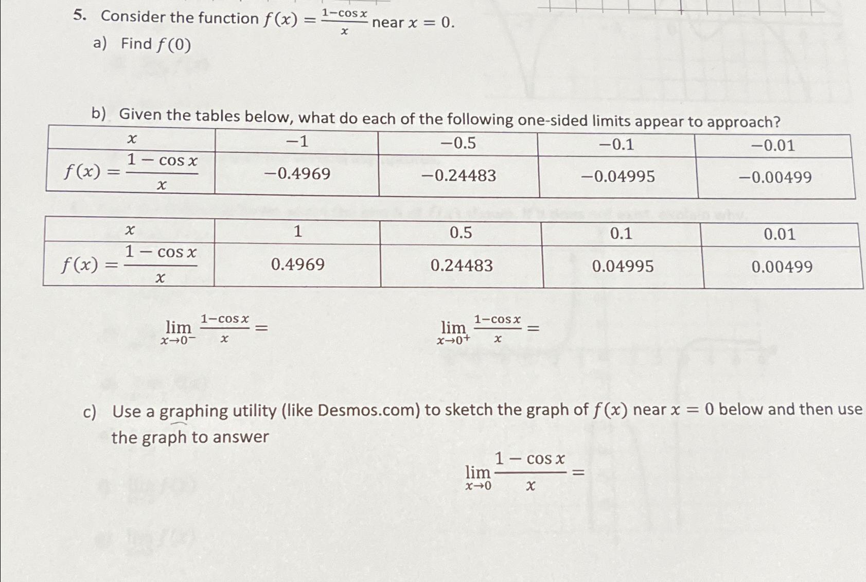Solved Consider the function f(x)=1-cosxx ﻿near x=0.a) ﻿Find | Chegg.com