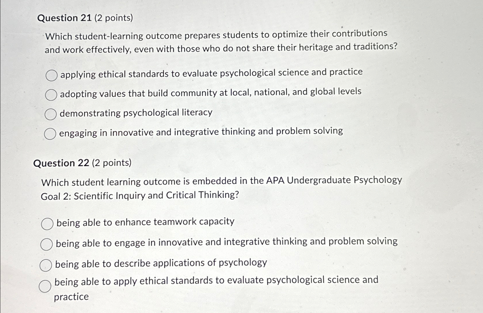 Solved Question 21 (2 ﻿points)Which student-learning outcome | Chegg.com