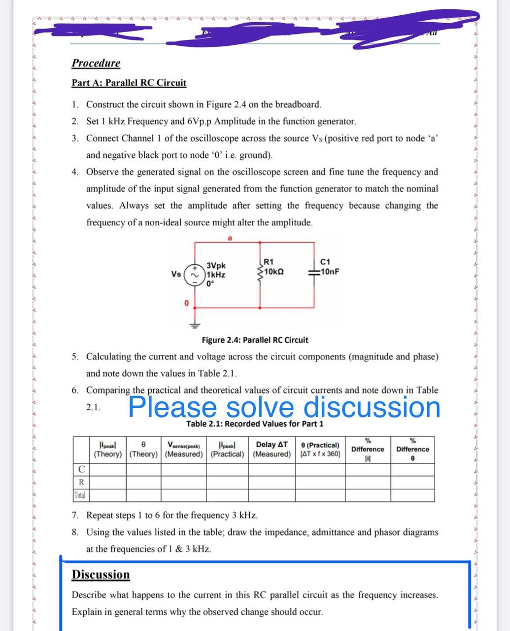 Solved Procedure Part A: Parallel RC Circuit 1. Construct | Chegg.com