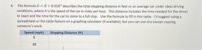 Solved The formula D=R+0.05R2 describes the total stopping | Chegg.com