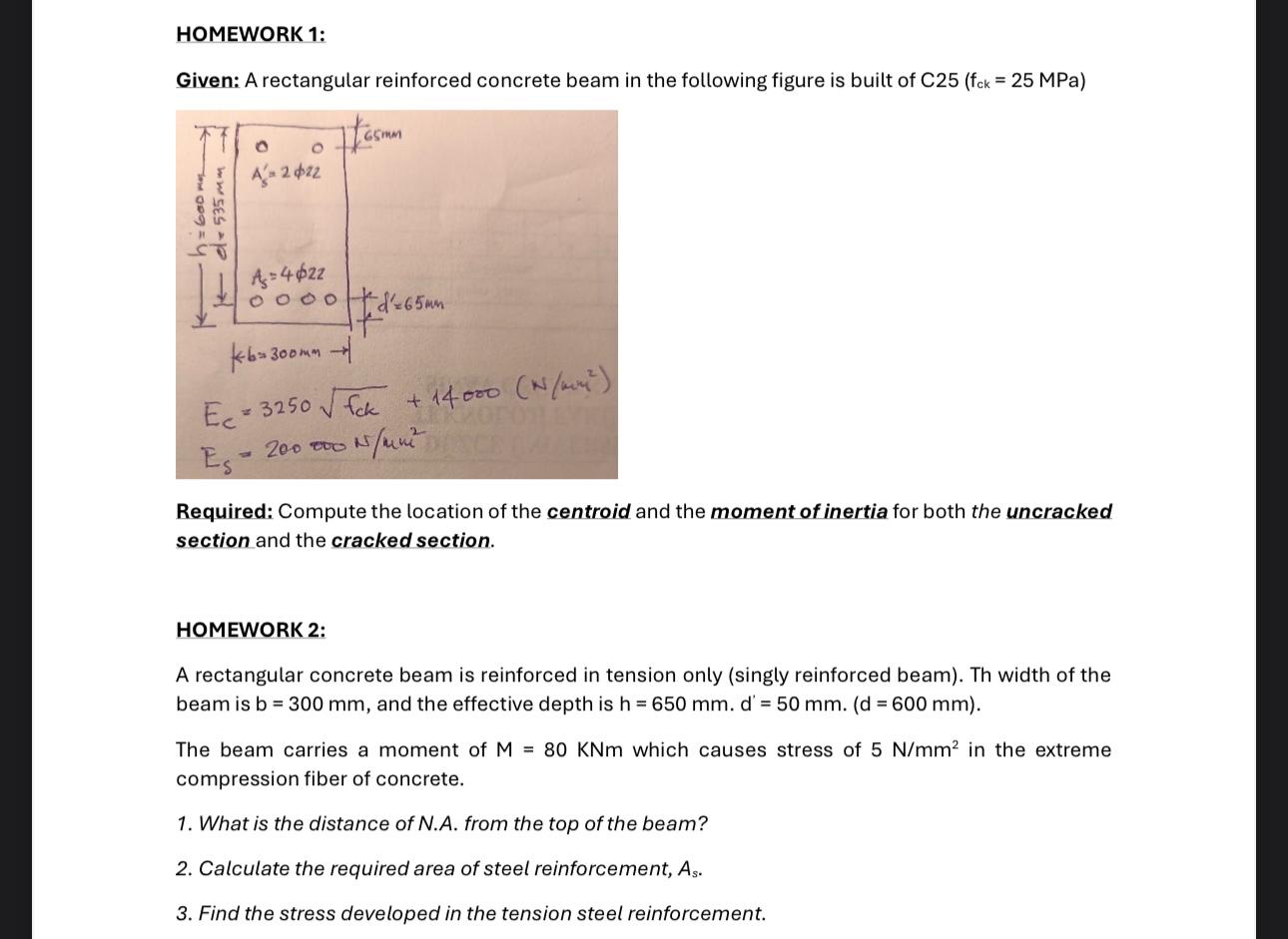 Solved HOMEWORK 1:Given: A rectangular reinforced concrete | Chegg.com