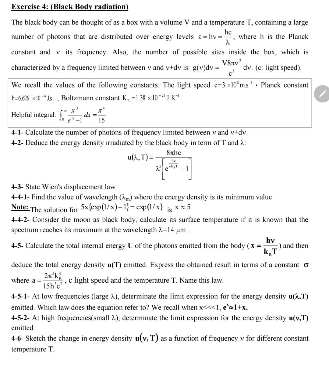 Solved Exercise 4: (Black Body radiation) The black body can | Chegg.com