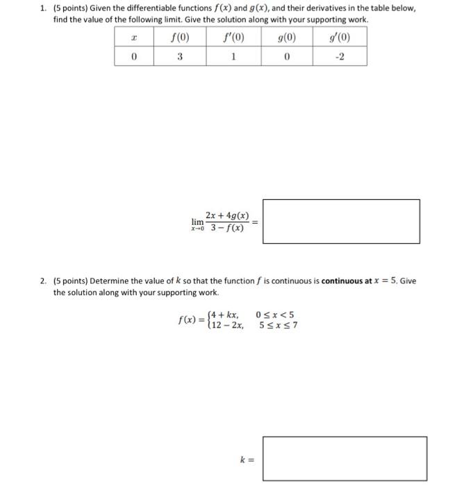 Solved 1. (5 points) Given the differentiable functions f(x) | Chegg.com