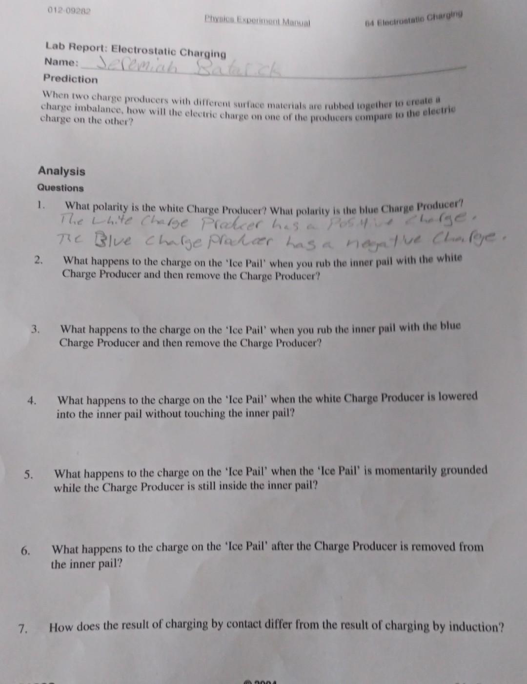 Solved 012-09282 Physics Experiment Manual 64 Electrostate | Chegg.com