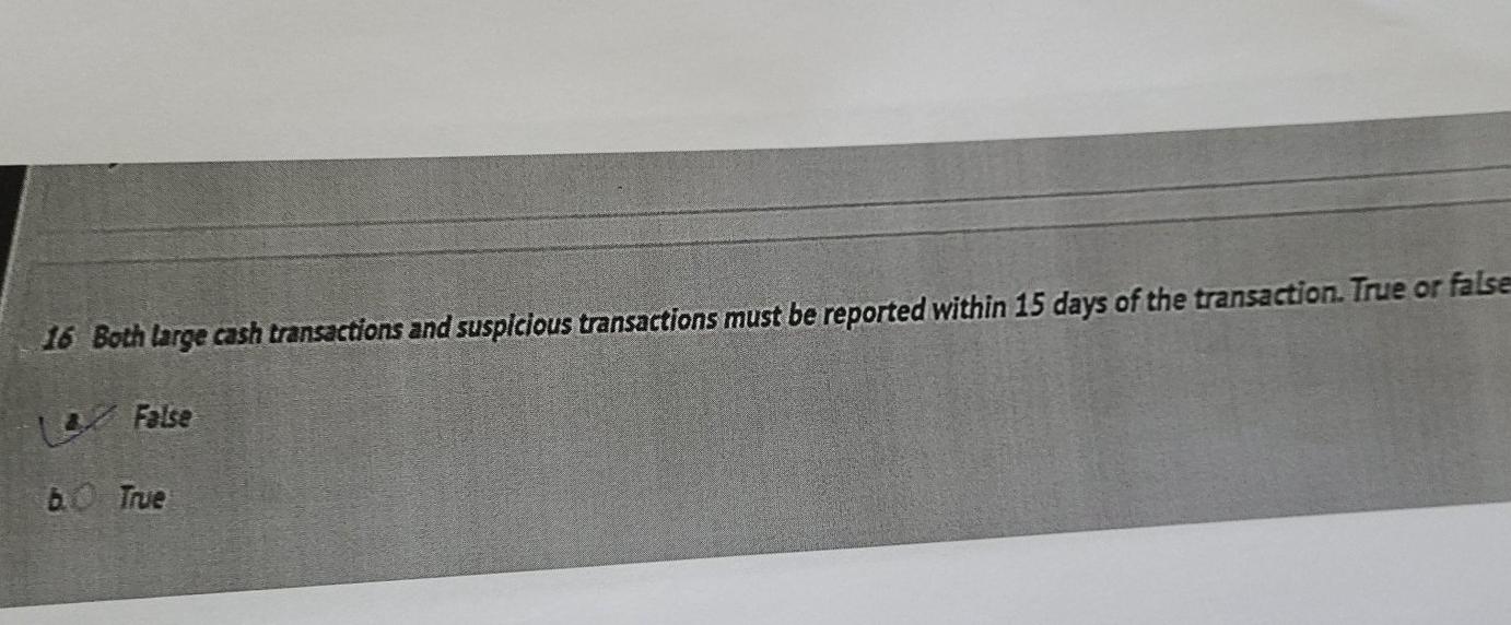 Solved 16 Both large cash transactions and suspicious | Chegg.com