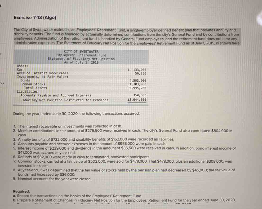 Solved Exercise 7-13 (Algo)The City of Sweetwater maintains | Chegg.com