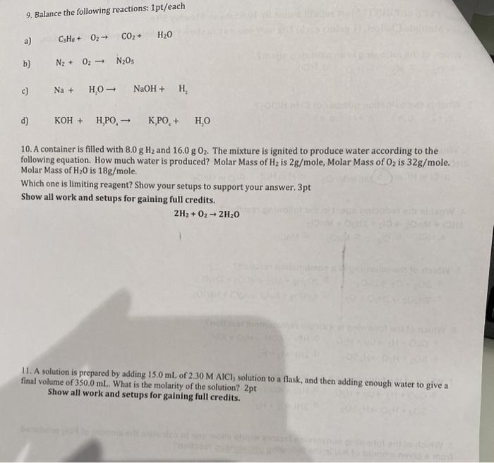 Solved 9. Balance the following reactions: 1pt/each a) CsHs+ | Chegg.com