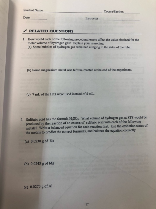CALCULATIONS Calculate the volume of the hydrogen | Chegg.com