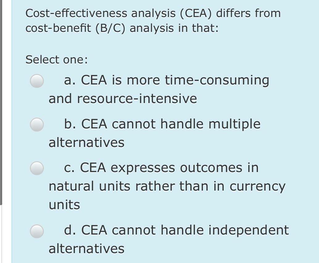Solved Cost-effectiveness analysis (CEA) differs from | Chegg.com