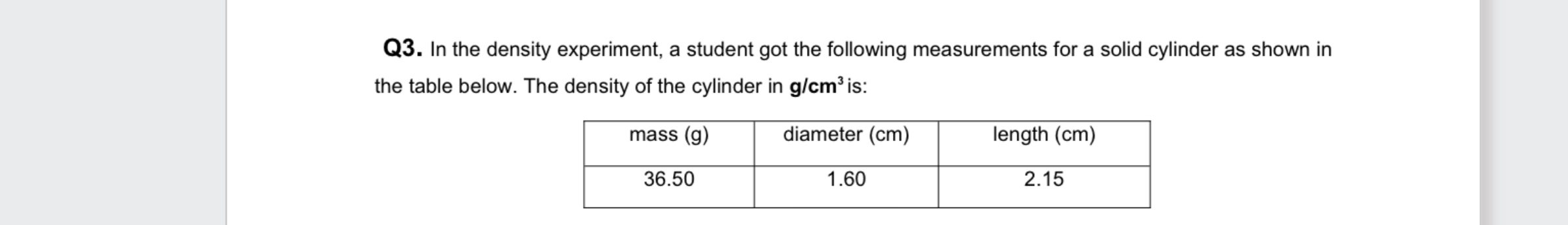 Solved Q3. ﻿In the density experiment, a student got the | Chegg.com