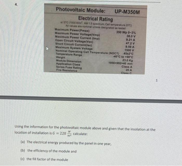 Solved Photovoltaic Module: UP-M350M Electrical Rating at | Chegg.com