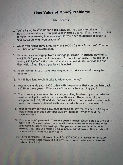 Solved Time Value of Money Problems Handout 2 1. You're | Chegg.com