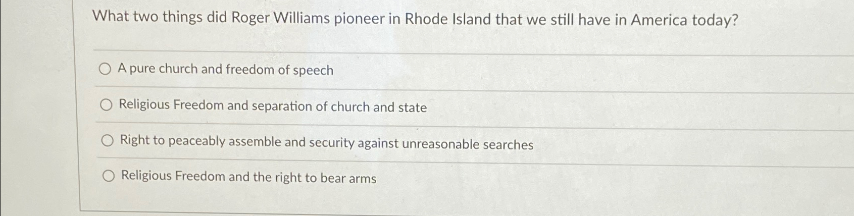 Solved What two things did Roger Williams pioneer in Rhode | Chegg.com