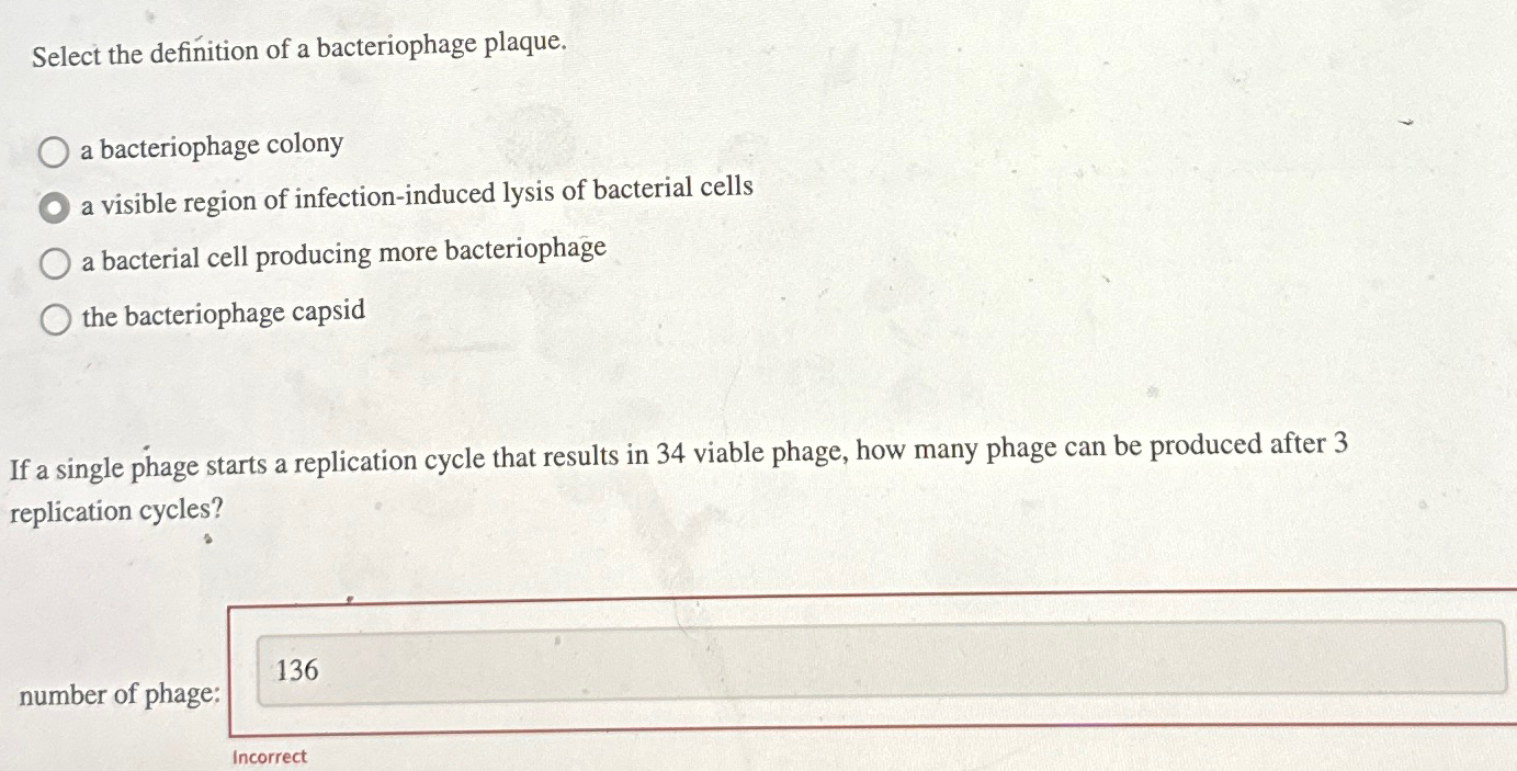 Solved Select the definition of a bacteriophage plaque.a | Chegg.com